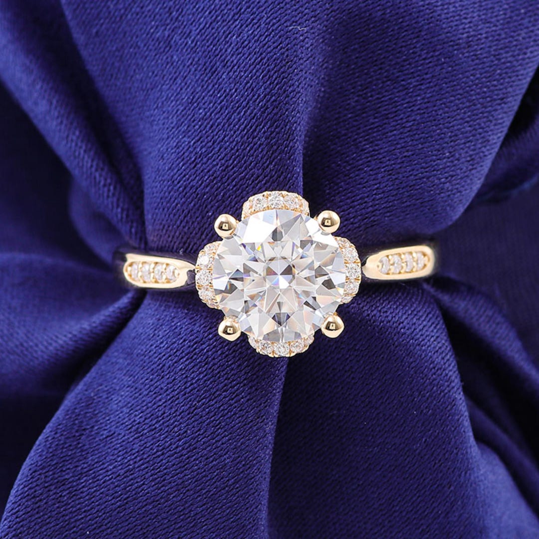 Round Diamond Halo Engagement Ring | Gold Proposal Ring | Bridal Ring ...