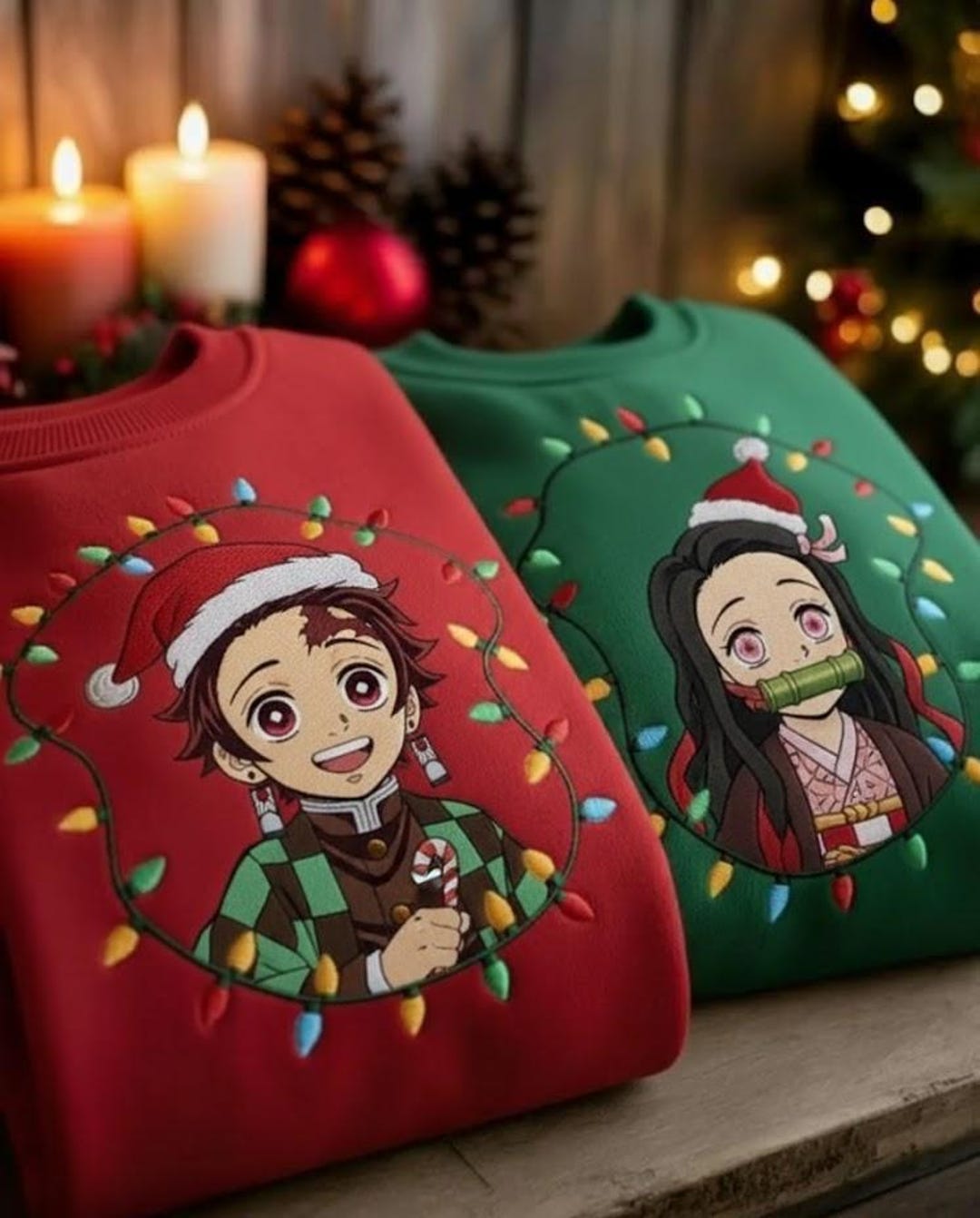 EMBROIDERED Tanjiro & Nezuko Christmas Lights Sweatshirt, Anime Holiday ...