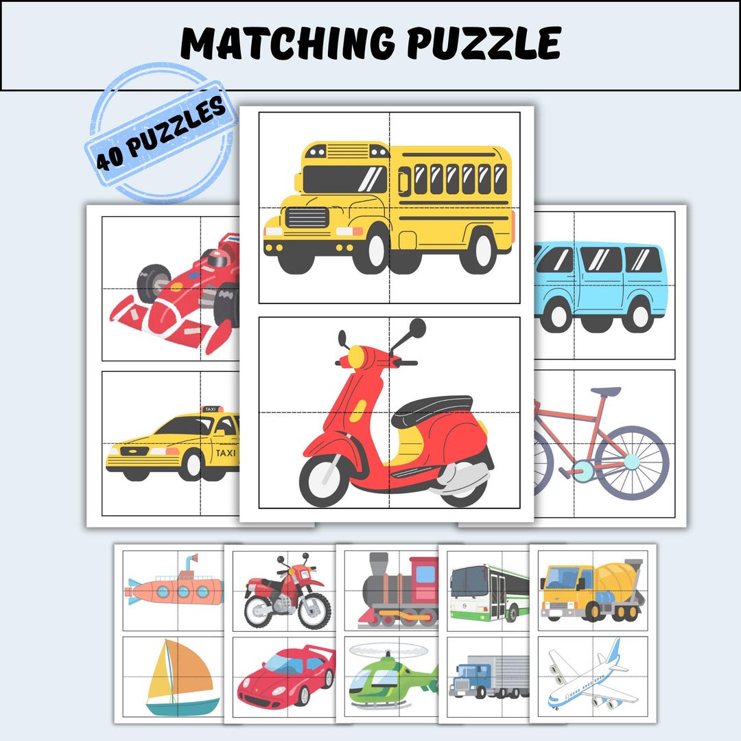 Transportation Puzzle Kids Worksheets, Matching & Logic Game for Kids ...