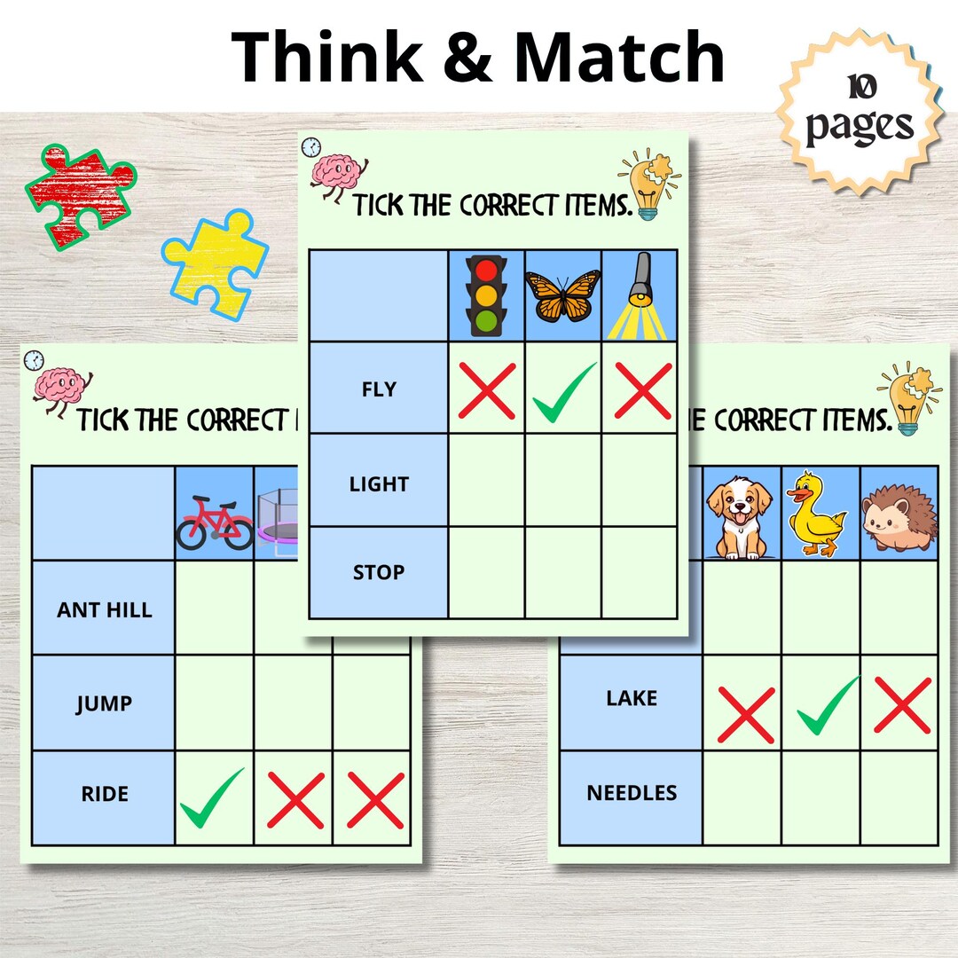 Think & Match Printable Logic Game, Vocabulary Matching Worksheets for ...