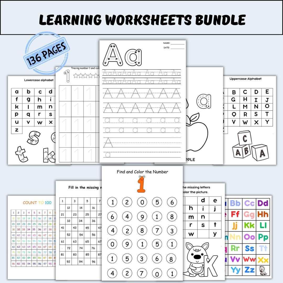 Preschool Learning Bundle: 136 Printable Alphabet & Number Worksheets ...
