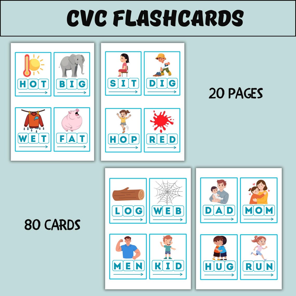 CVC Words, CVC Flashcards, Phonics Worksheets, Learn to Read - Etsy