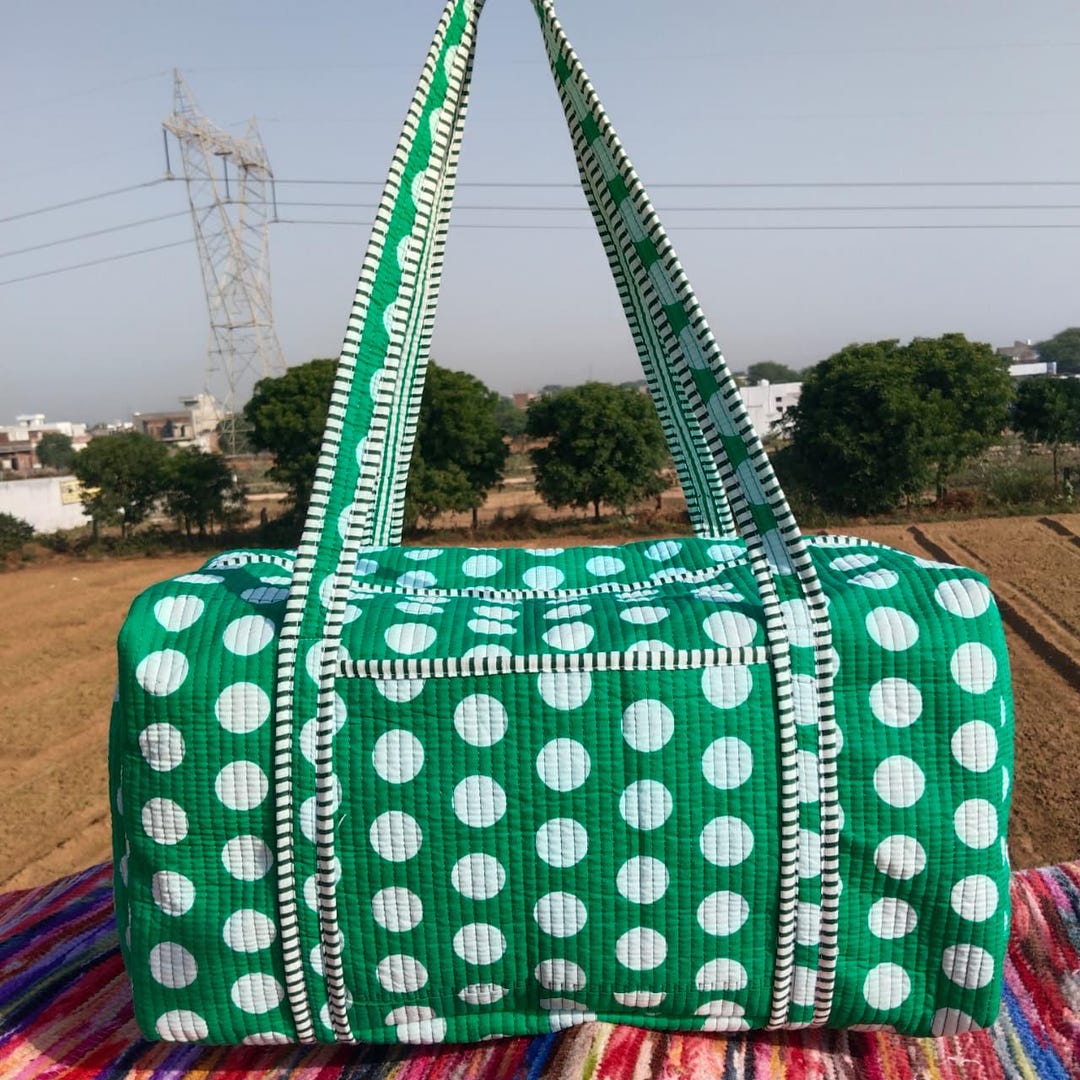 Large Handmade Duffel Bag: Block Print Cotton Quilted Bag Weekender ...