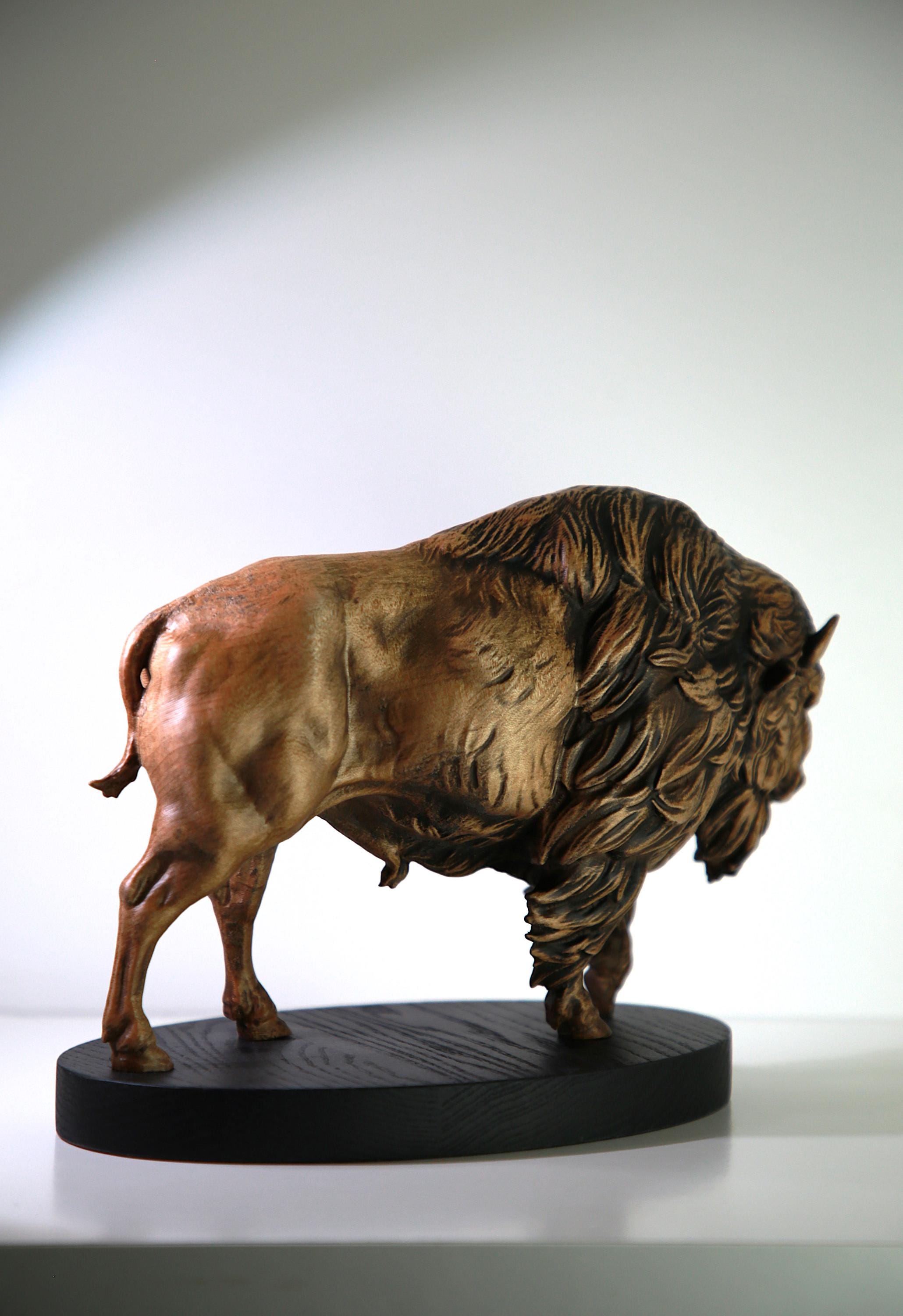 European Bison Wooden Figurine - Hand Carved Wisent Sculpture ...