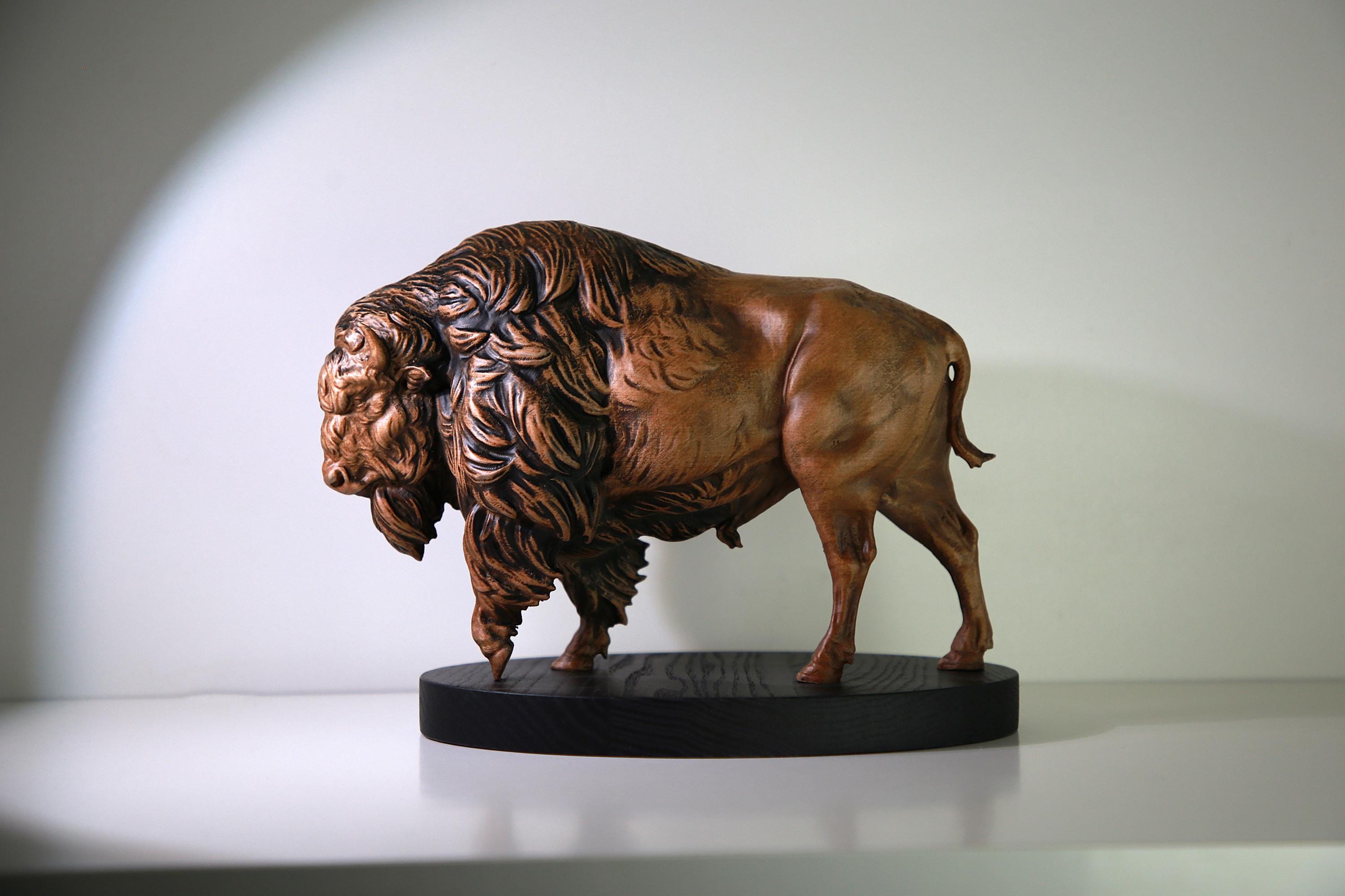 European Bison Wooden Figurine - Hand Carved Wisent Sculpture ...