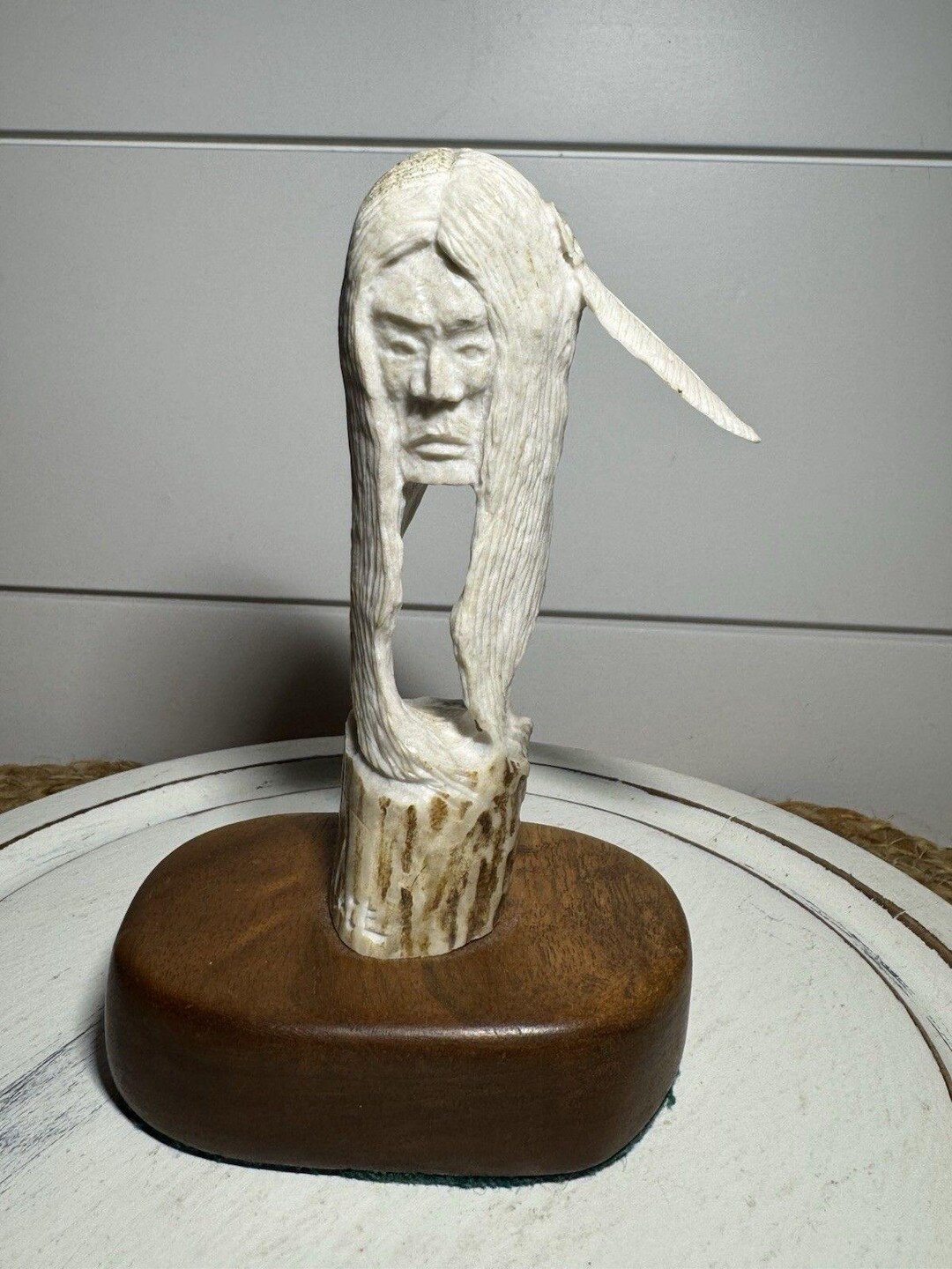 Native American Antler Bone Carving Man Feather Signed Lakota J. Bird ...