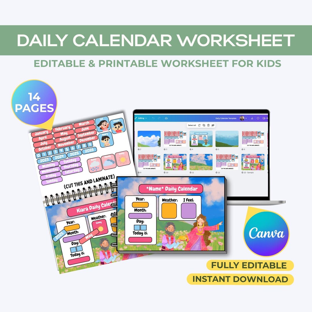 Daily Calendar Worksheet for Kids | Editable Printable Template - Etsy