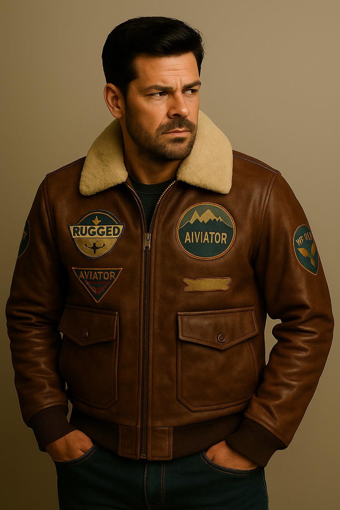 Men's Sheepskin Aviator Bomber Jacket: Vintage Adventure Patches ...