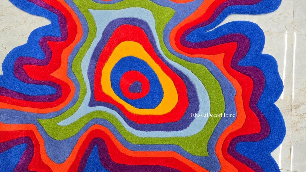 Abstract Irregular Wool Area Rug – Handmade Modern Retro Groovy Carpet ...