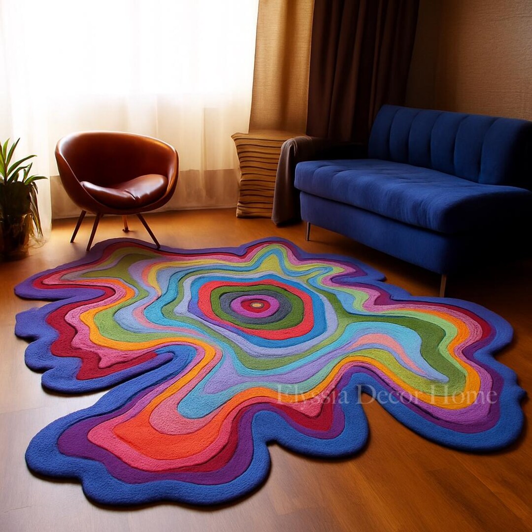 Abstract Irregular Wool Area Rug – Handmade Modern Retro Groovy Carpet ...