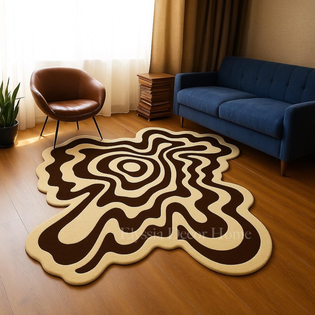 Abstract Groovy Wool Rug – Handmade Brown & Beige Irregular Pattern ...