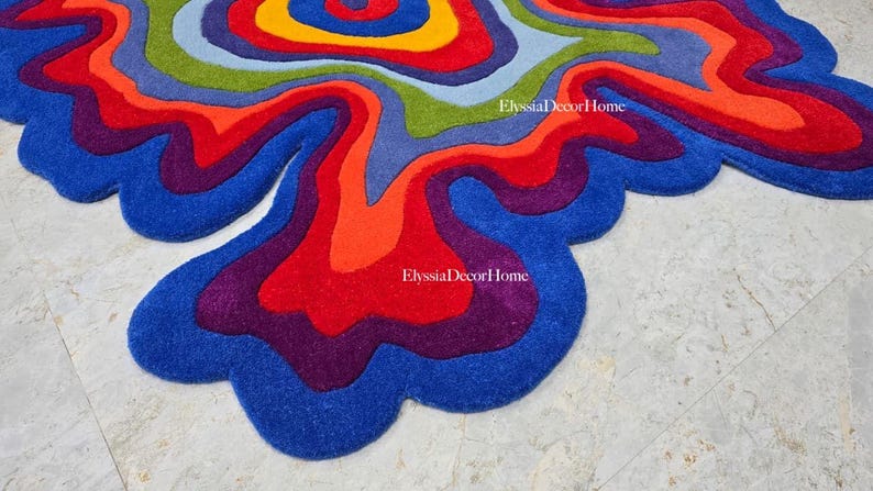 Abstract Irregular Wool Area Rug – Handmade Modern Retro Groovy Carpet ...