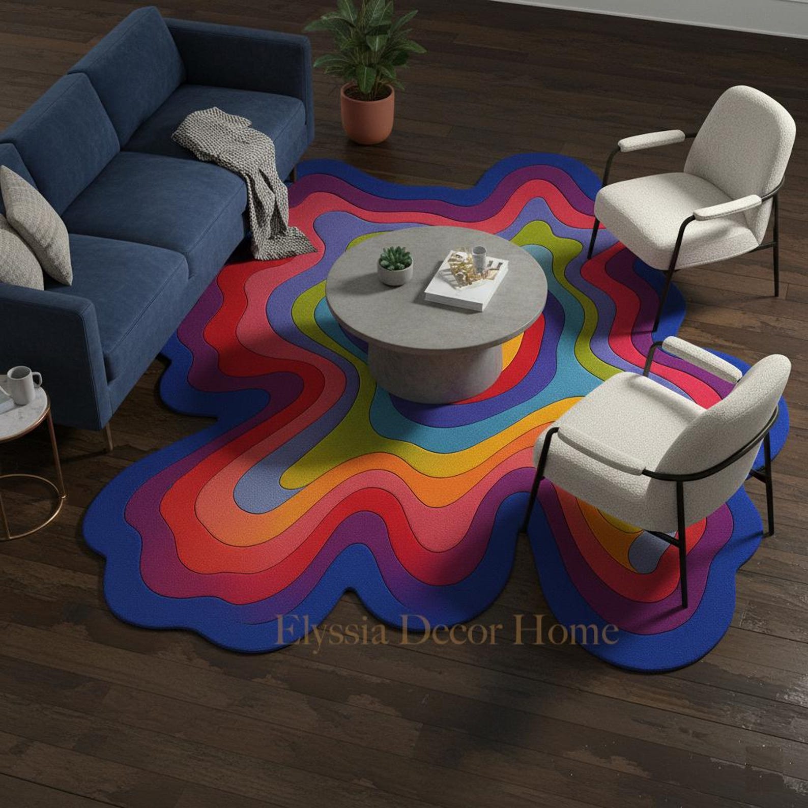 Abstract Irregular Wool Area Rug – Handmade Modern Retro Groovy Carpet ...