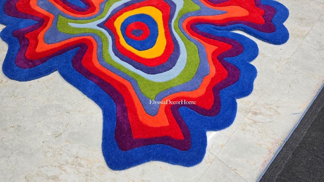 Abstract Irregular Wool Area Rug – Handmade Modern Retro Groovy Carpet ...