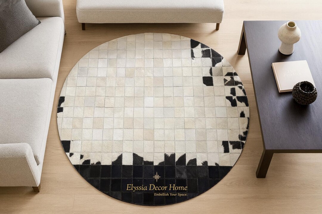 Black & White Cowhide Round Rug – Hair on Leather Patchwork Carpet for ...