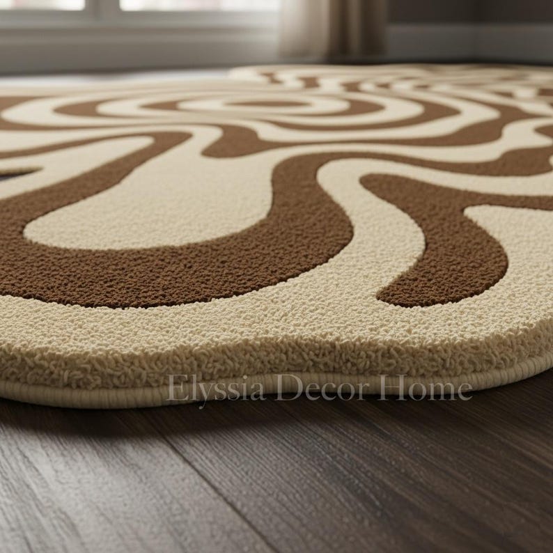 Abstract Groovy Wool Rug – Handmade Brown & Beige Irregular Pattern ...