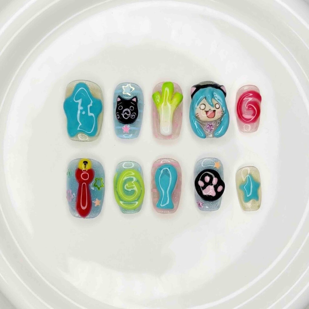 Kawaii Miku Press on Nails | Teal Jelly Glitter 3D Gel Polish | Leek ...