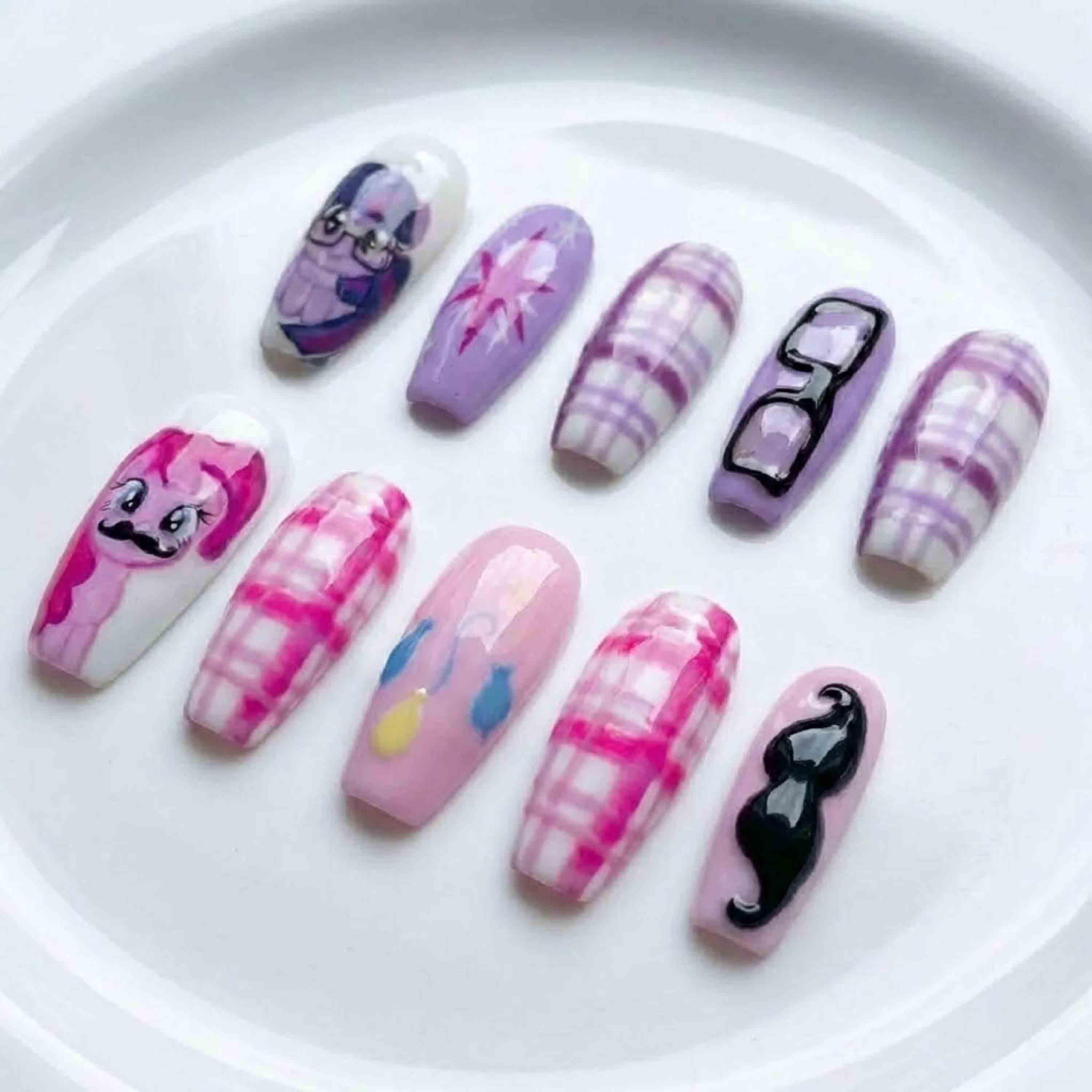 Cute Cartoon Y2K Manicure Art Press on Nails Set | Purple & Pink Glossy ...