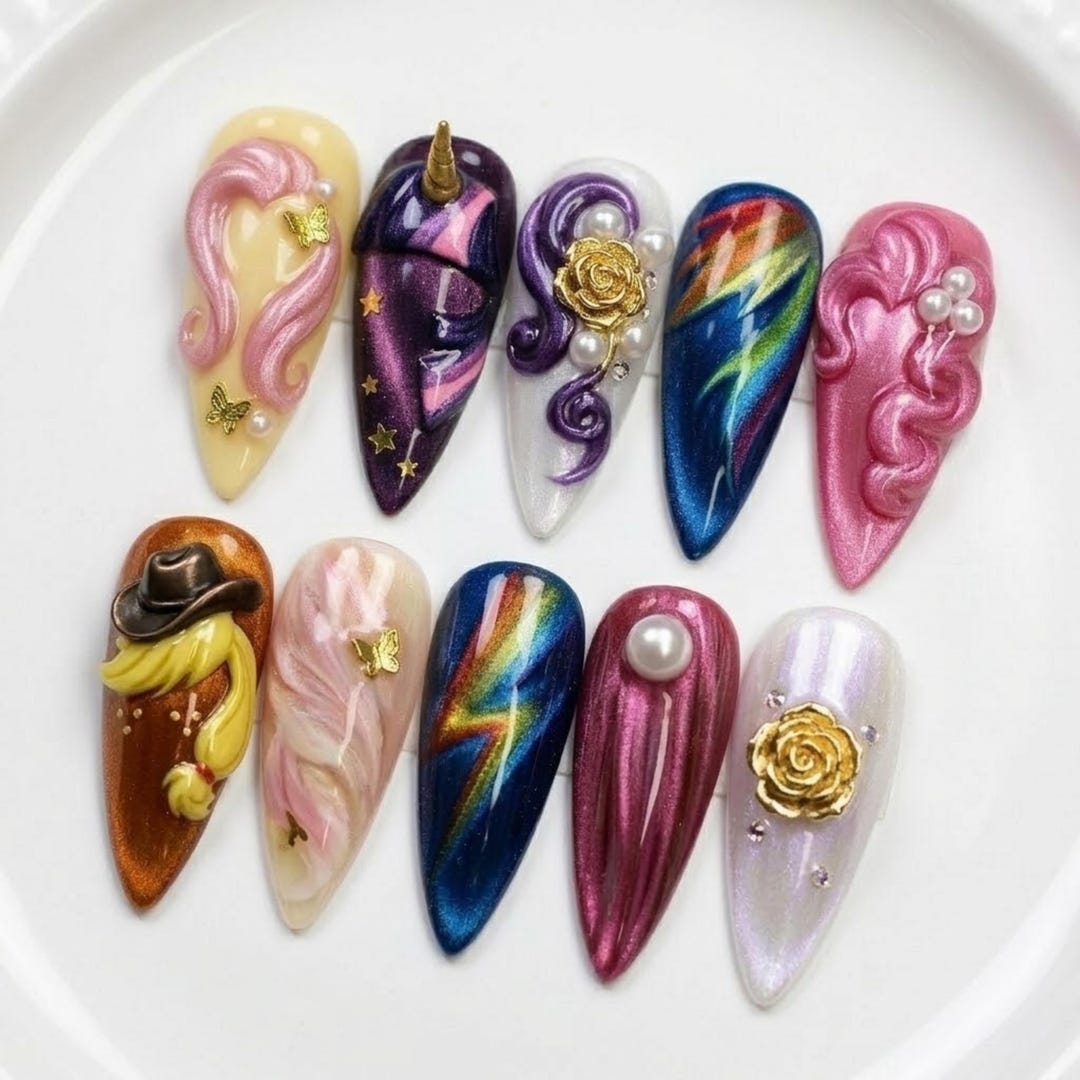 Magical Pony Press on Nails | Kawaii 3D Stiletto Chrome Art Nail (Y2K ...
