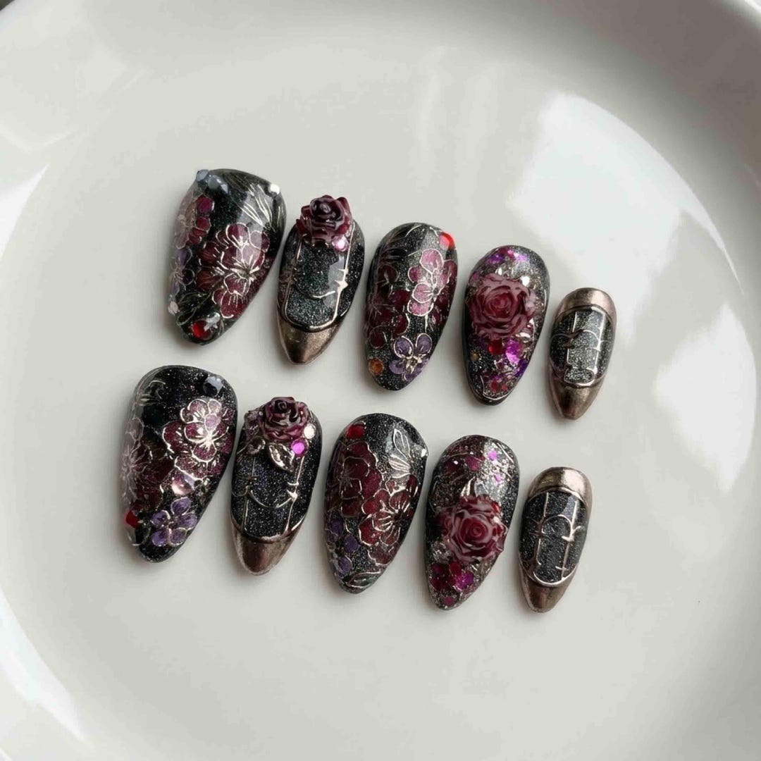 Kaonashi Spirit Black Glitter Floral Press on Nails, Gothic 3D Rose ...