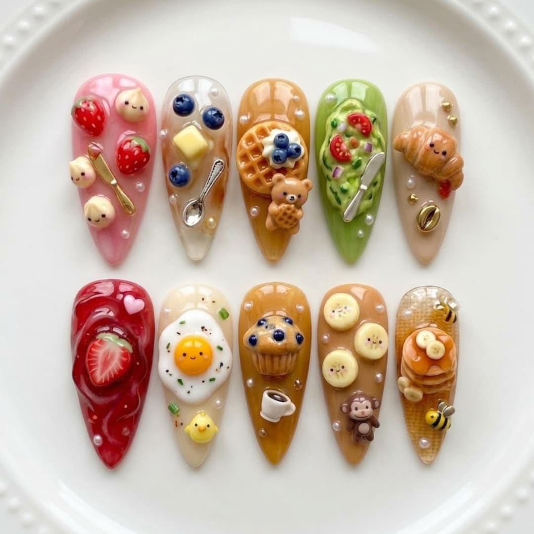 3D Breakfast Food Press on Nails | Kawaii Y2K Almond Nails | Mini ...