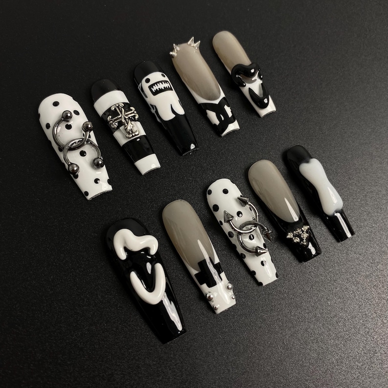 Gothic Black & White Press on Nails: Punk Alt Style With Metal Charms ...