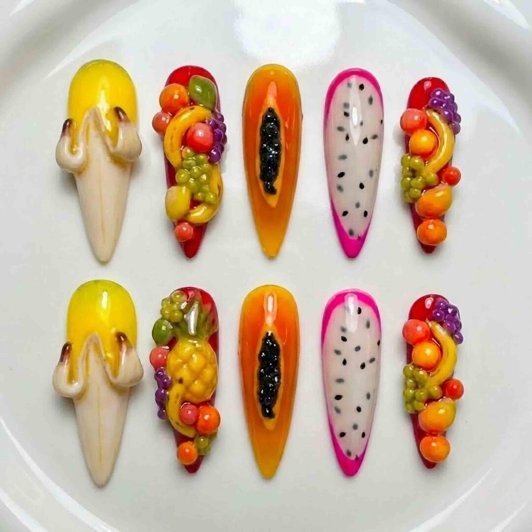 Mixed 3D Tropical Fruit Jelly Press on Nails, Vibrant Kawaii Sculpted ...