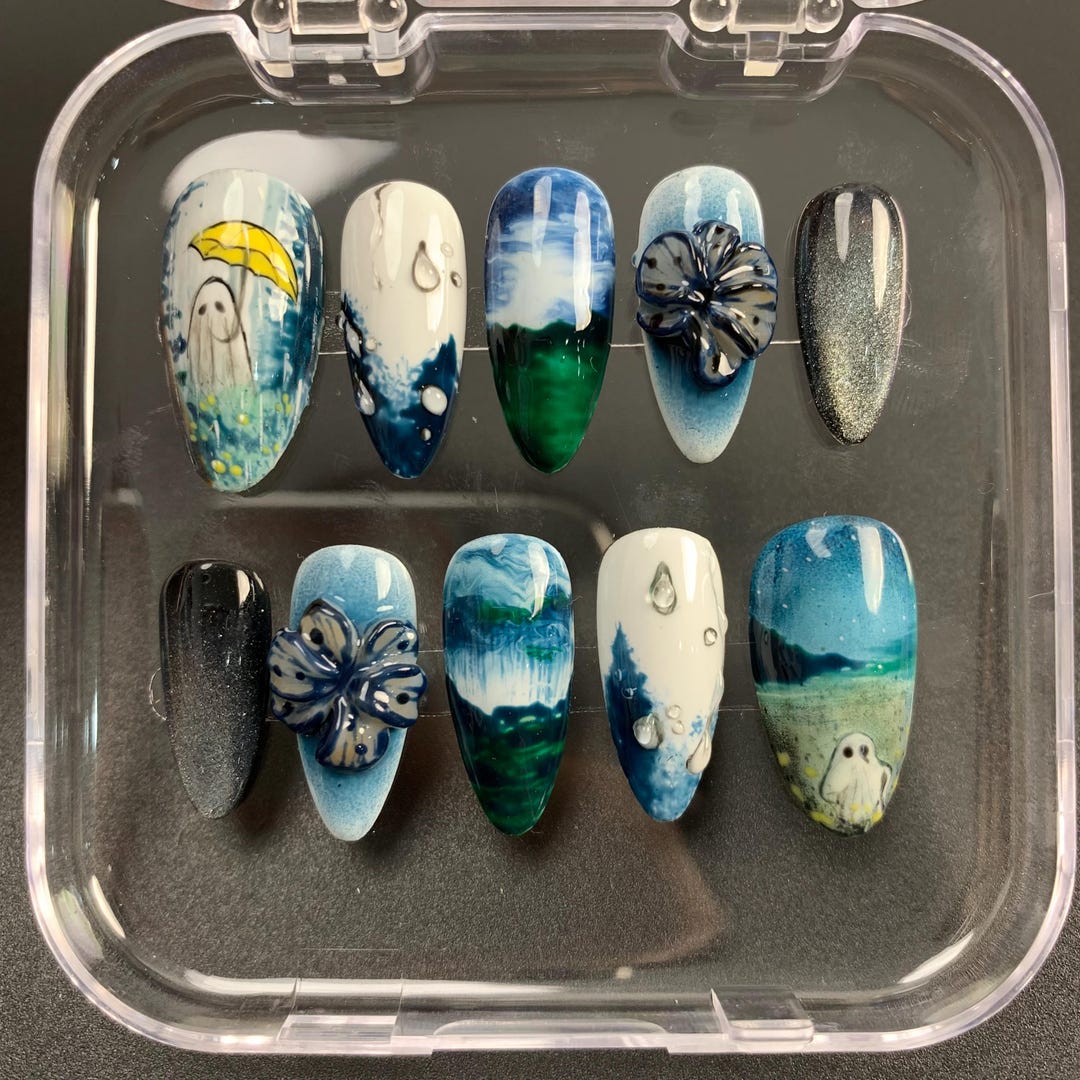 Handmade Blue Rainy Day Press on Nails: 3D Flower Cloud Nail Art - Etsy