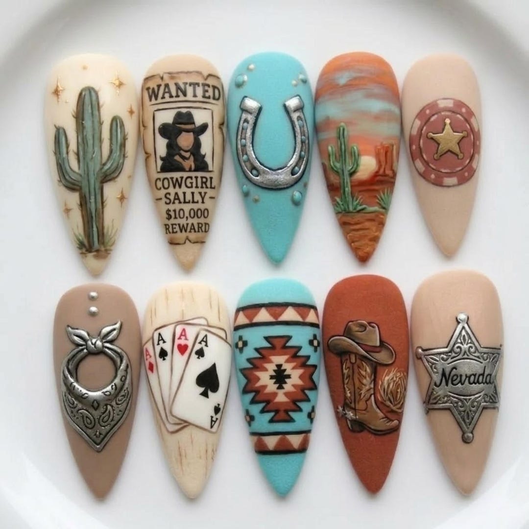 Western Cowgirl Press-on Nails | Rustic Vintage Almond Nails | Desert ...