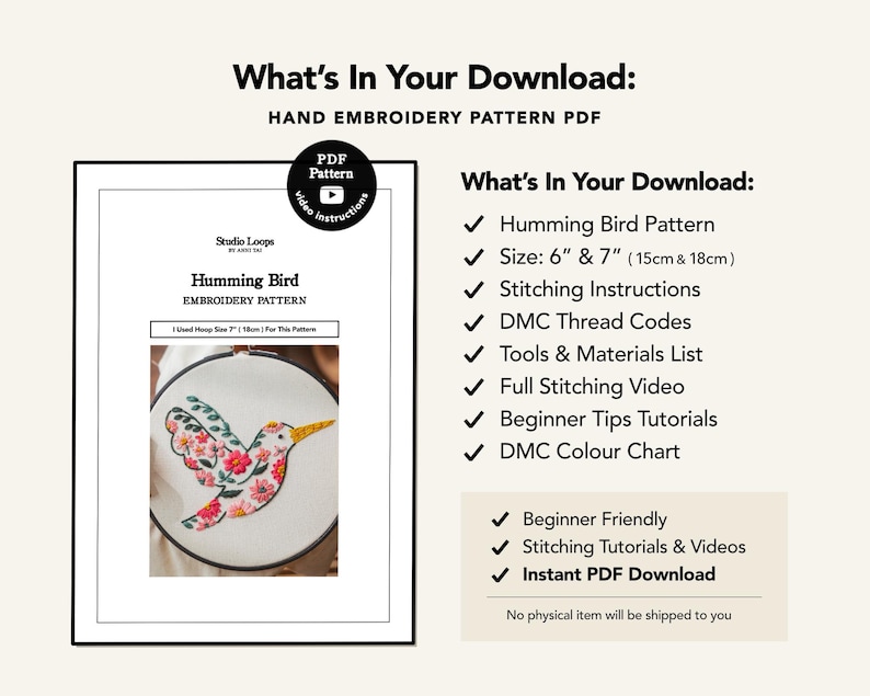 Bird Hand Embroidery Pdf Pattern | Hummingbird Beginner Hand Embroidery ...