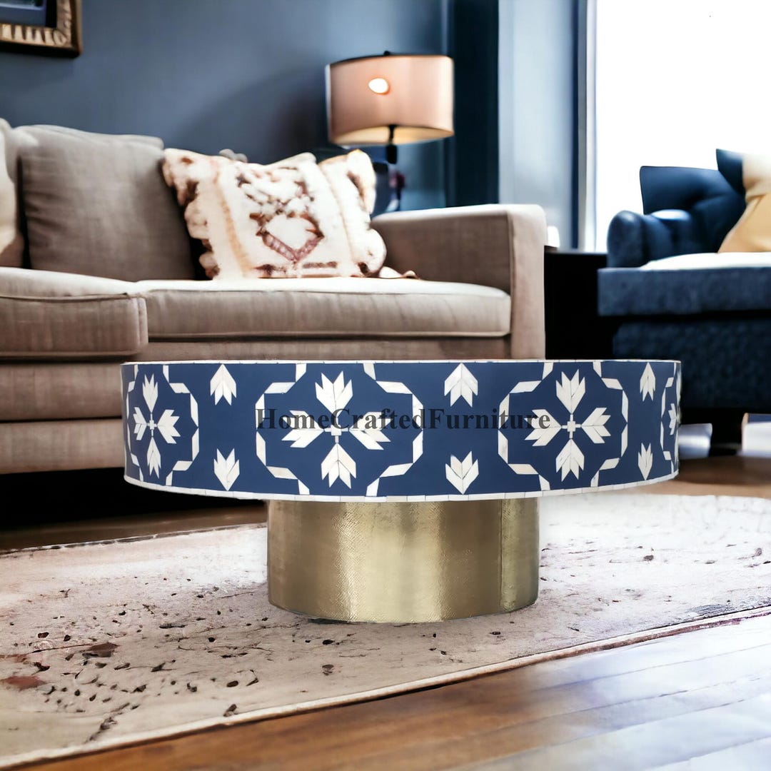 Bone Inlay Lotus Design Coffee Table Indigo Blue, Handcrafted Center ...