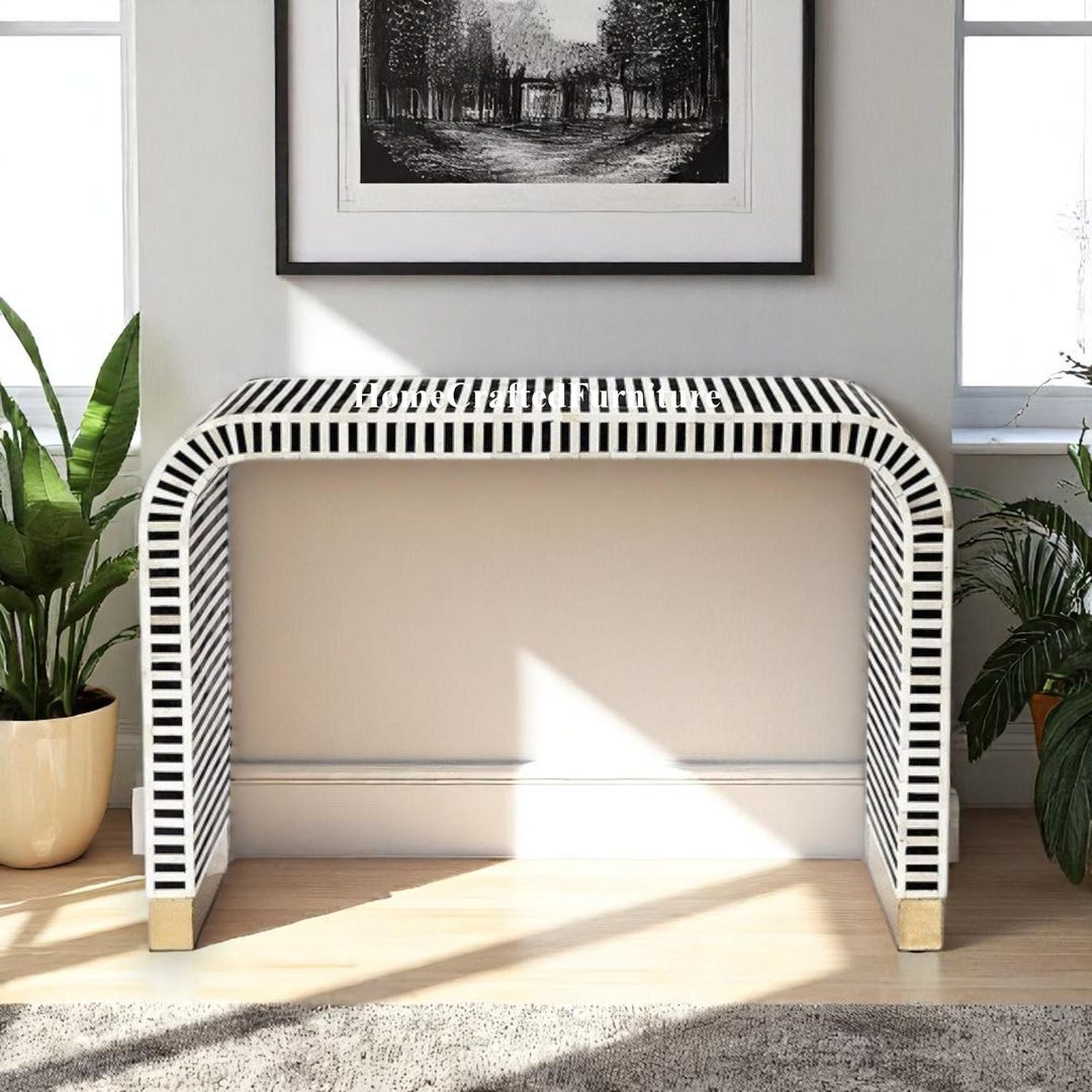 Bone Inlay Stripe Design Waterfall Console Table Black - Etsy