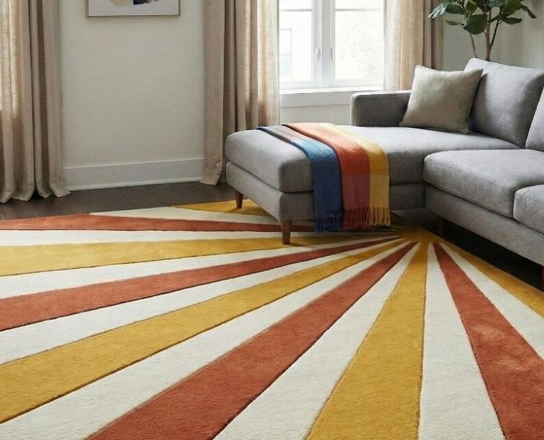 Hand Tufted Wool Rug Radiating Sunburst Pattern Geometric Modern Living ...