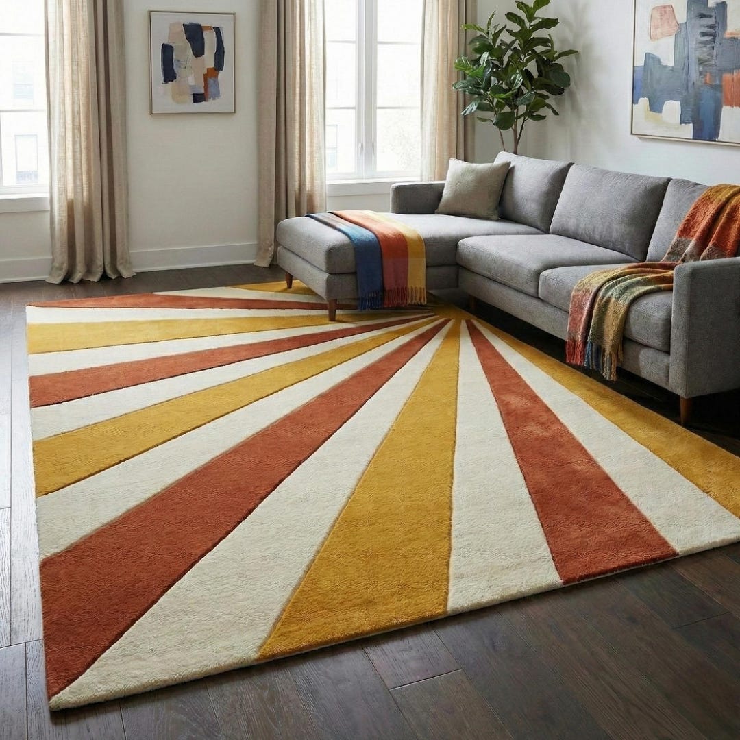 Hand Tufted Wool Rug Radiating Sunburst Pattern Geometric Modern Living ...