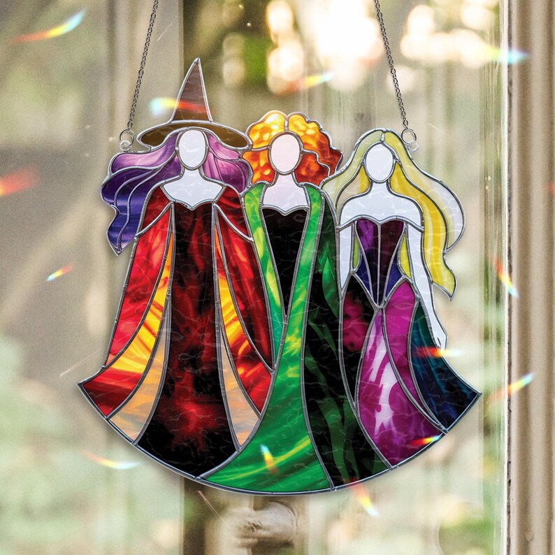 Stained Glass Style Flying Witch Trio Suncatcher - Halloween Window ...