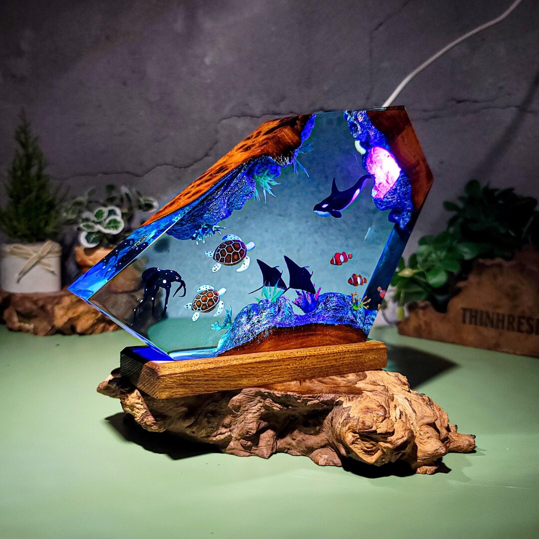 Deep Ocean Epoxy Resin Lamp: Sea Life Diorama With Wooden Base - Etsy