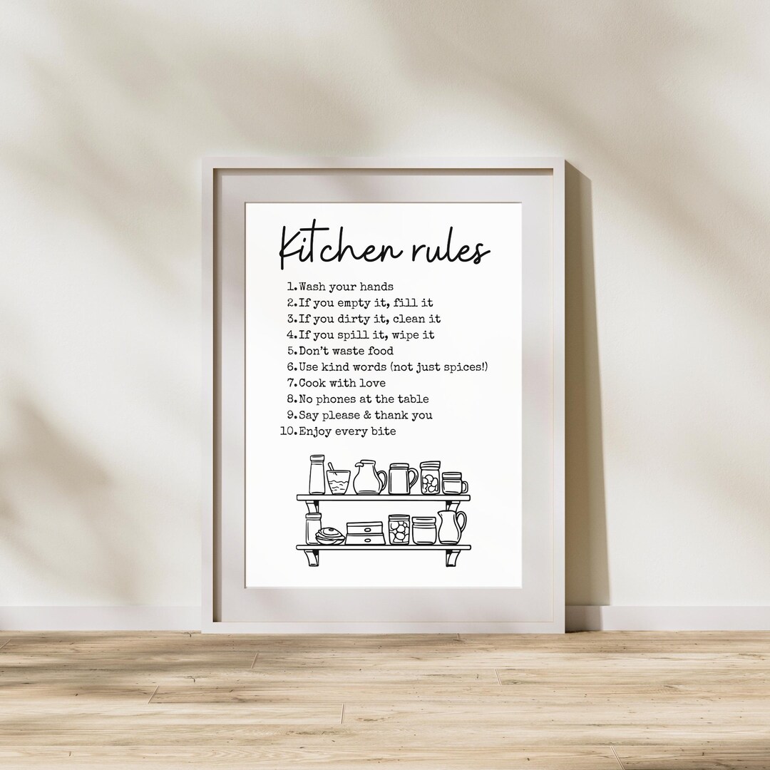 Minimalist Kitchen Rules Print – Line Art Shelf Illustration, Modern ...