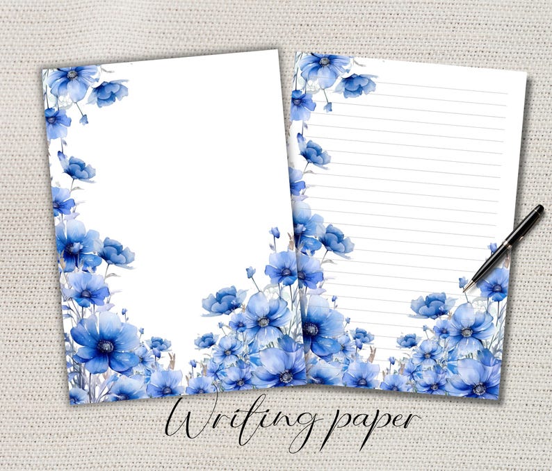 Watercolor Blue Flower Writing Paper Lined Unlined-a4/a5-pen Pal ...