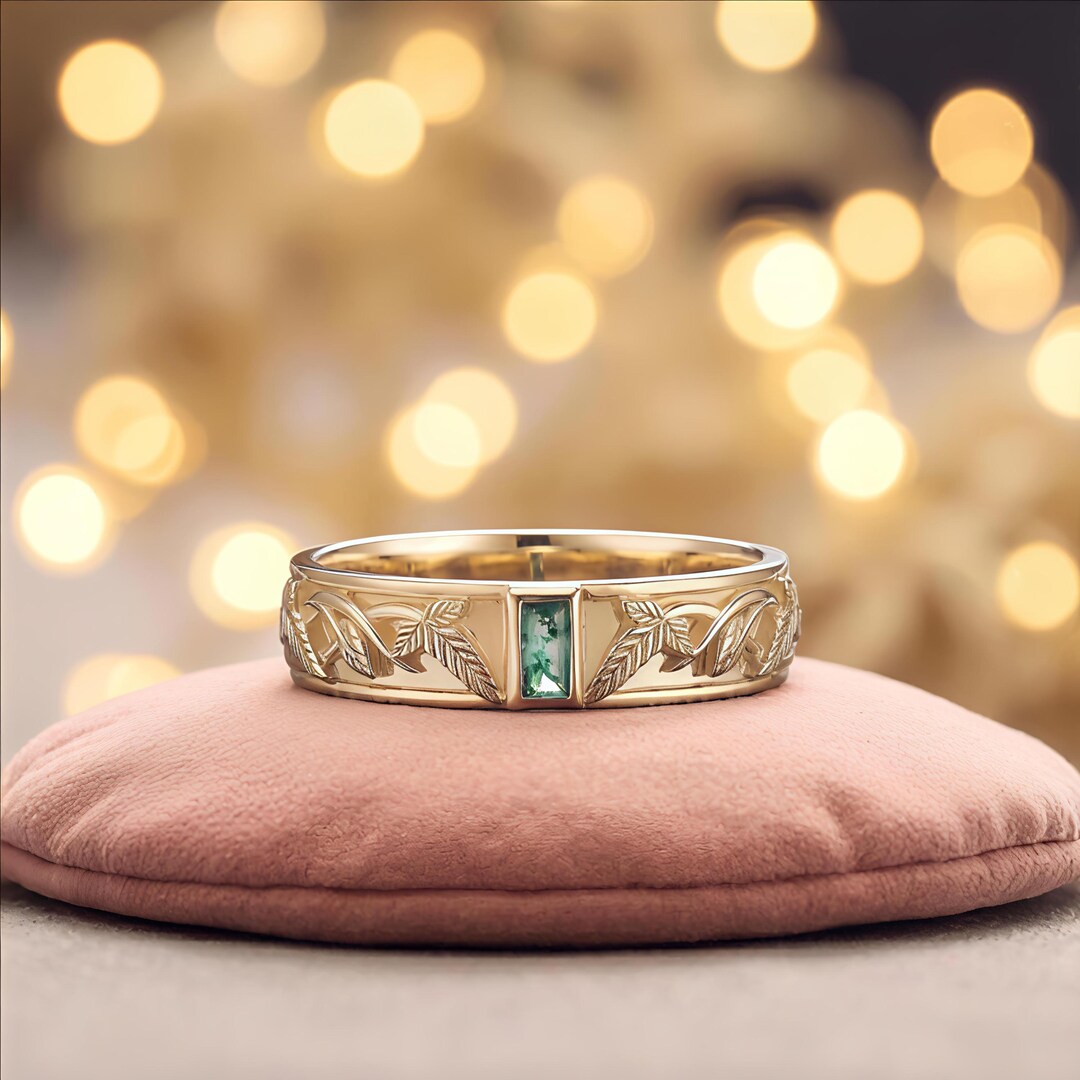 Moss Agate Men's Wedding Band, 14K Gold Lorien Leaf Design - Etsy
