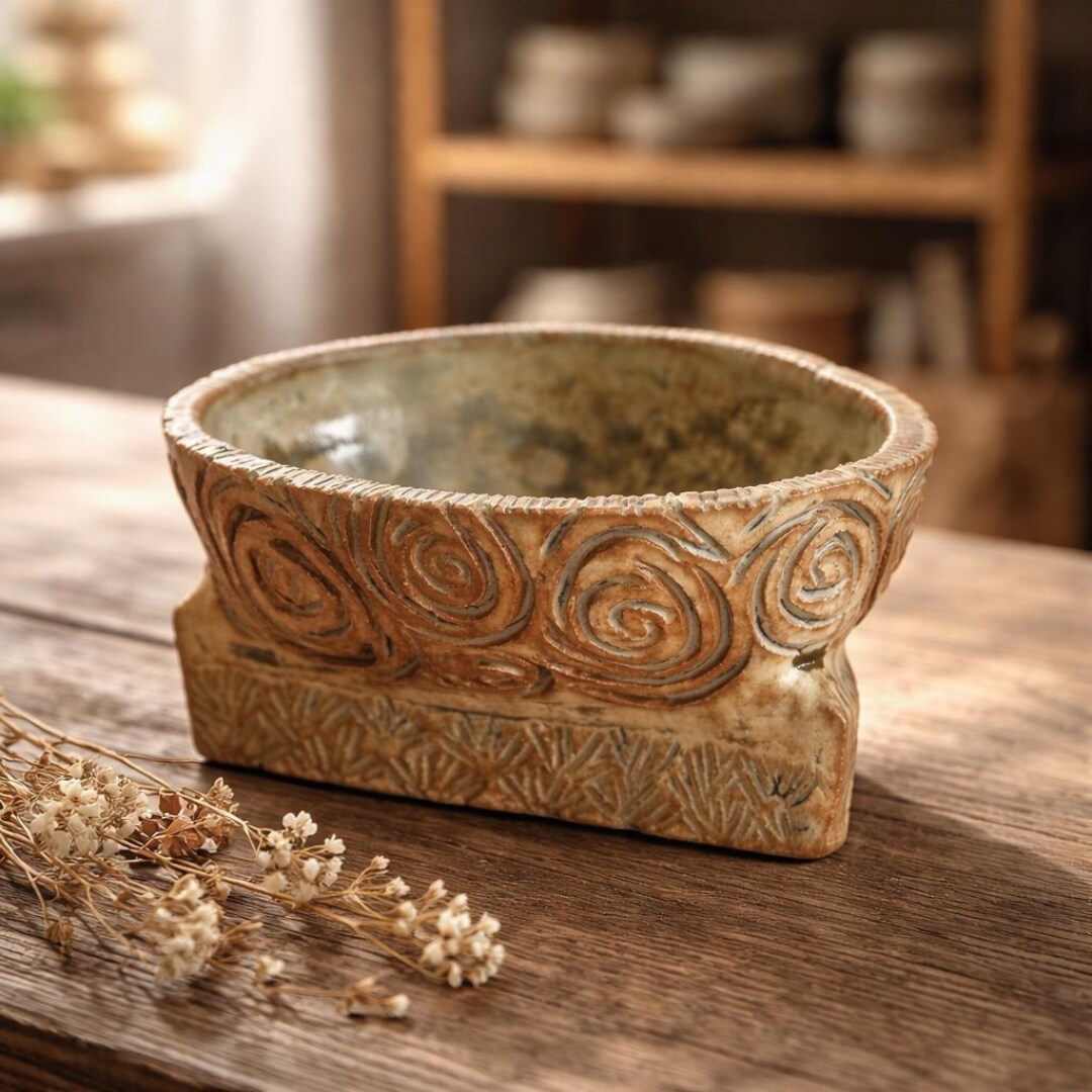Hand-carved Stoneware Scroll Planter – Primitive Spiral Relief ...