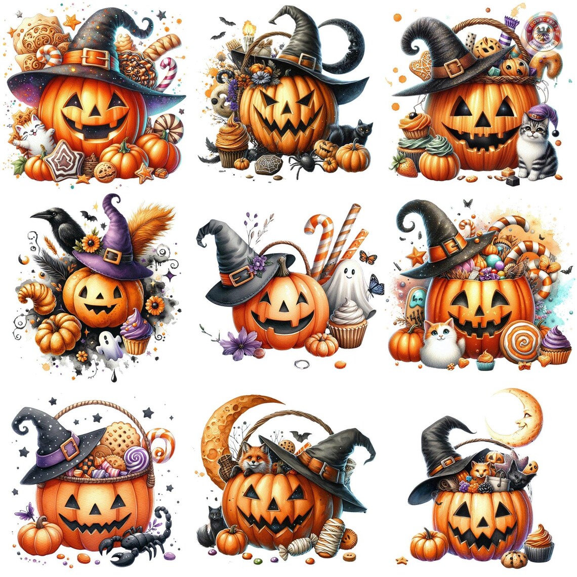 Watercolor Pumpkin Clipart Bundle, Jack O Lantern Png, Spooky Ghost ...