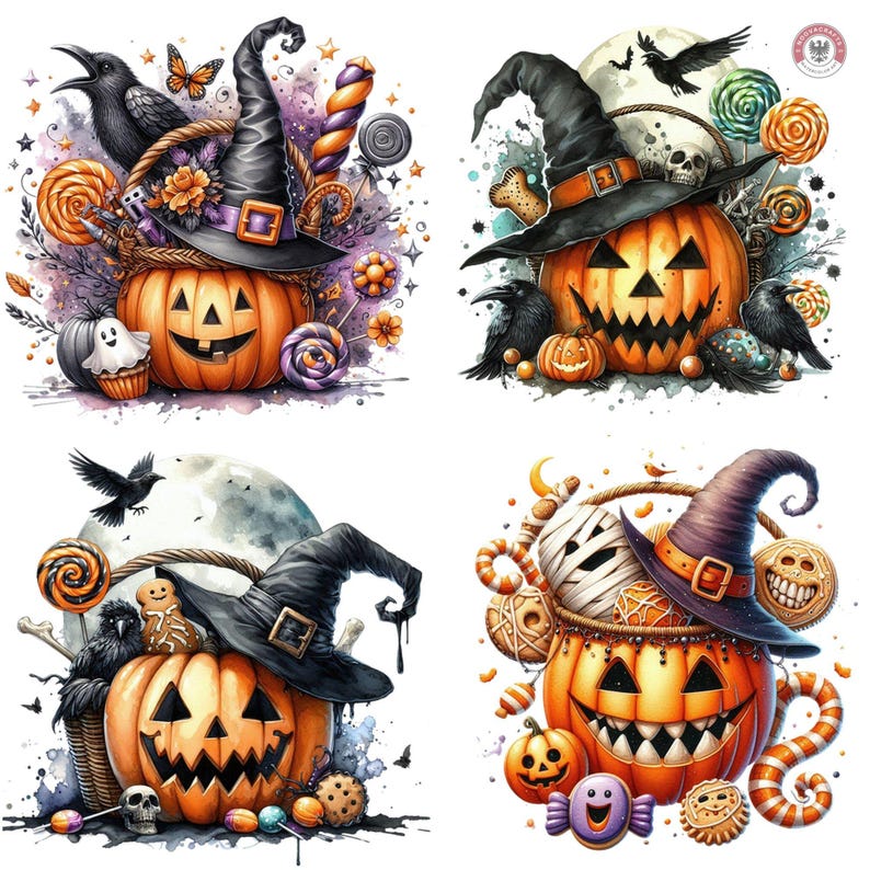 Watercolor Pumpkin Clipart Bundle, Jack O Lantern Png, Spooky Ghost ...