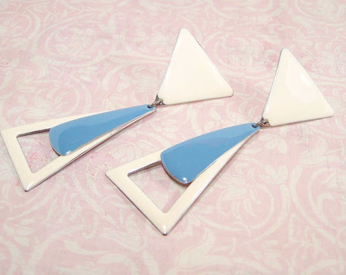 VINTAGE Large Statement Earrings Ivory and Blue Dangle Style - Etsy