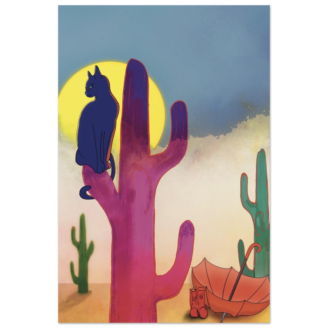 Desert Cat on Cactus – Minimalist Aluminum Art Print (20×30 Cm) - Etsy