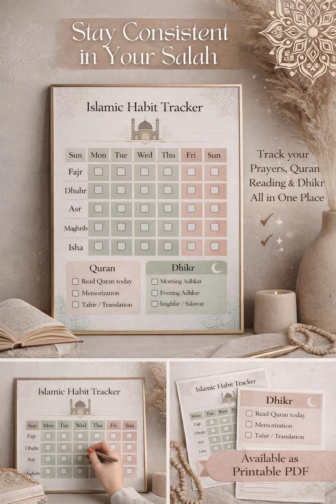 Islamic Prayer Tracker Printable | Weekly Salah Tracker + Dhikr + Quran ...