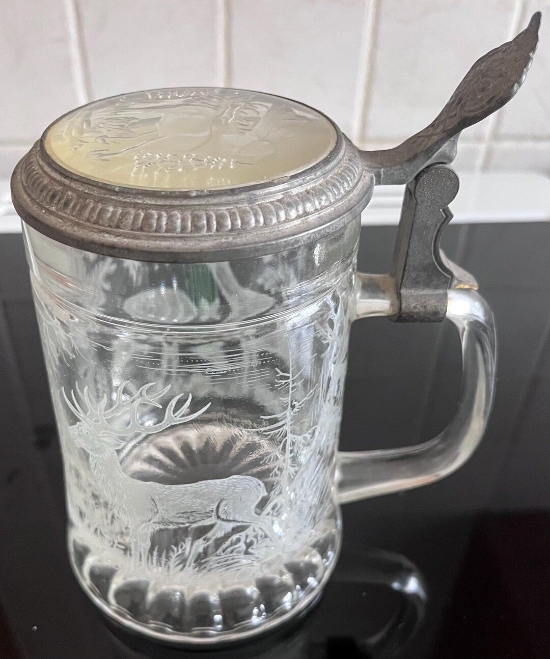 Vintage Glass Engraved Tankard - Etsy