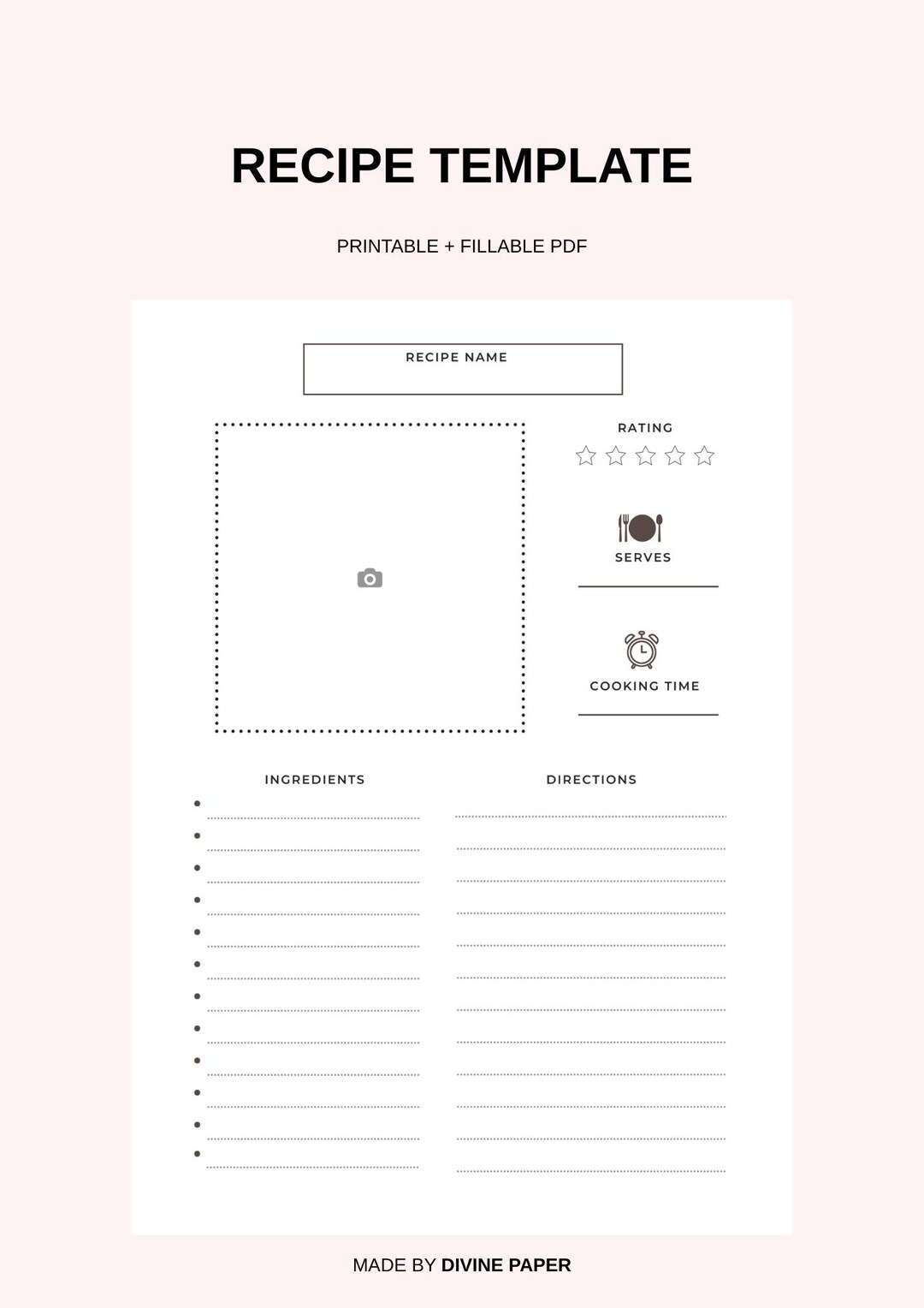 Recipe Template With Photo Frame | Printable Recipe Card PDF | Instant ...