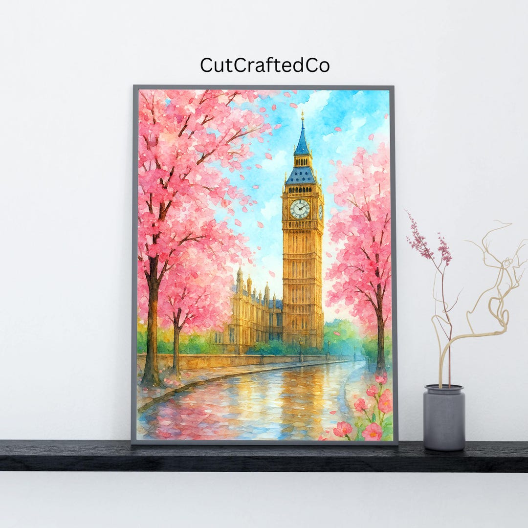 Romantic Big Ben Spring London Wall Art | Cherry Blossom Watercolor ...