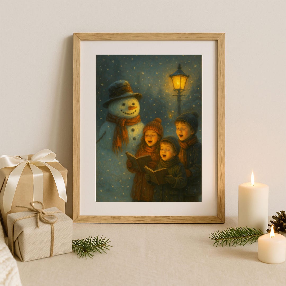 Vintage Christmas Carolers Art | Nostalgic Snowman Painting (digital ...