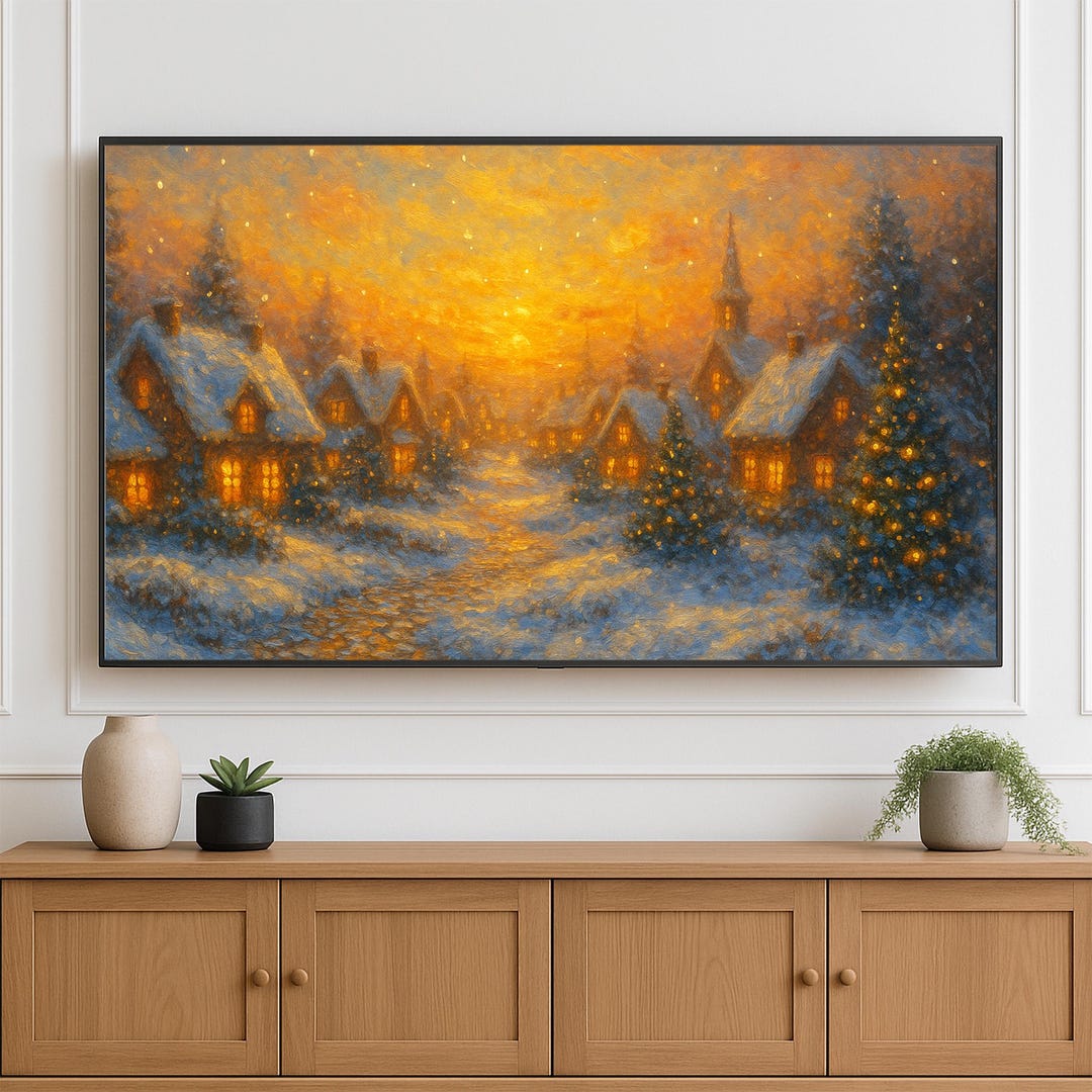 Golden Winter Village Sunset Frame TV Art, Cozy Snowy Town Scene for ...